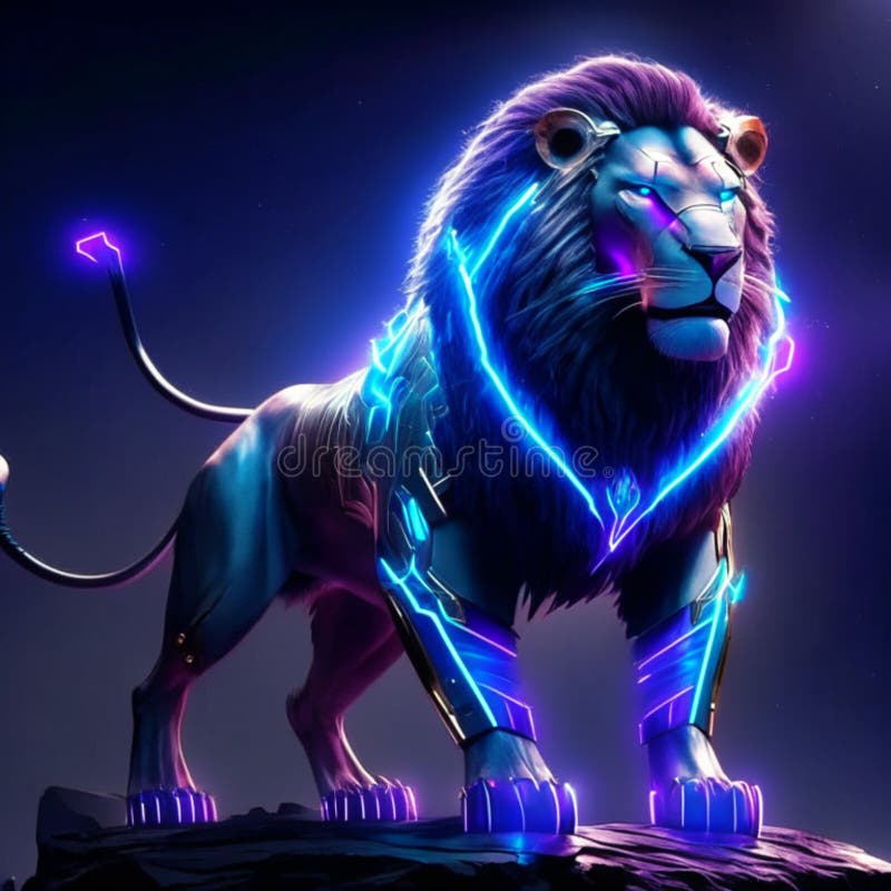 Lion with Blue Neon Light. 3d Rendering. Computer Digital Drawing Stock ...