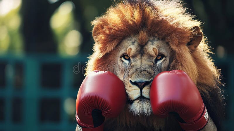 Lion Boxer with Red Gloves. Ready To Fight, Confident Predator Stock ...