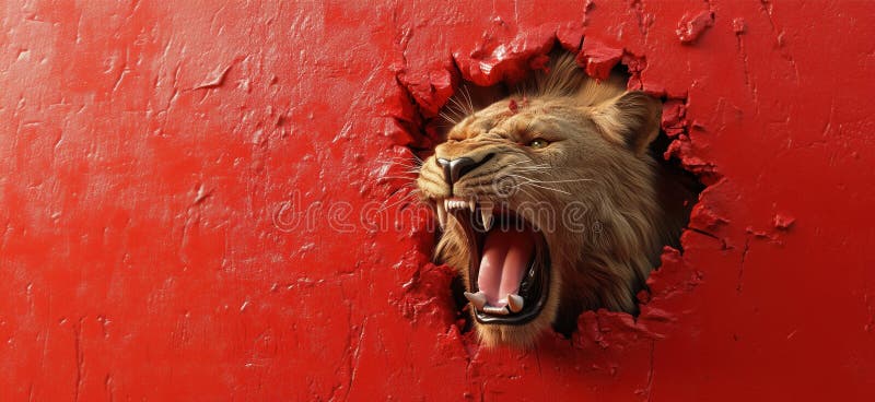 Lion Breaking through Red Wall with Fierce Expression and Exposed Teeth ...