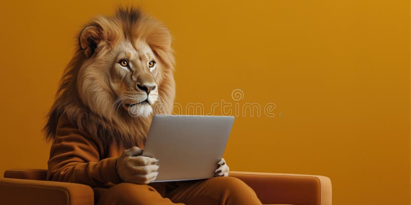 Lion in Brown Suit Sits on Couch, Using Laptop with Focus Stock ...