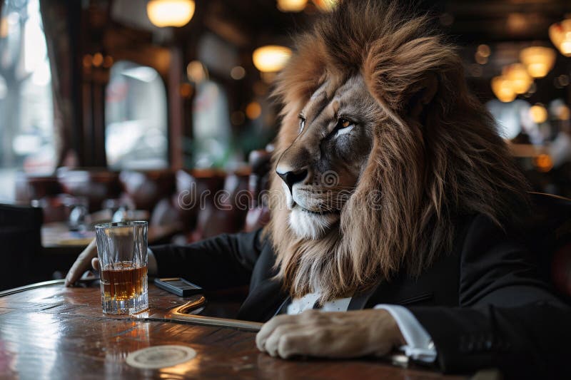 Lion in Business Suit Drinking Whiskey in the Pub Stock Illustration ...