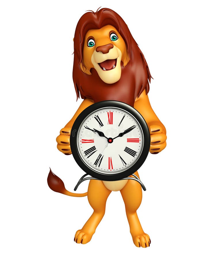 Lion Cartoon Character with Clock Stock Illustration - Illustration of ...