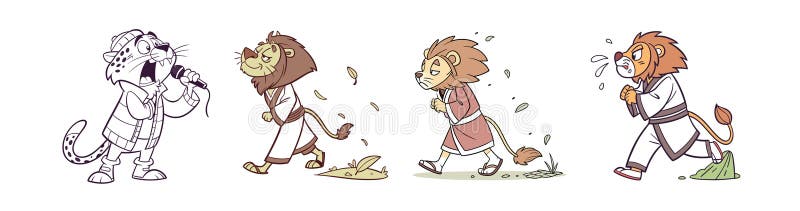 Lion Cartoon Character Evolution - Singer, Monk, Karate Stock Vector ...