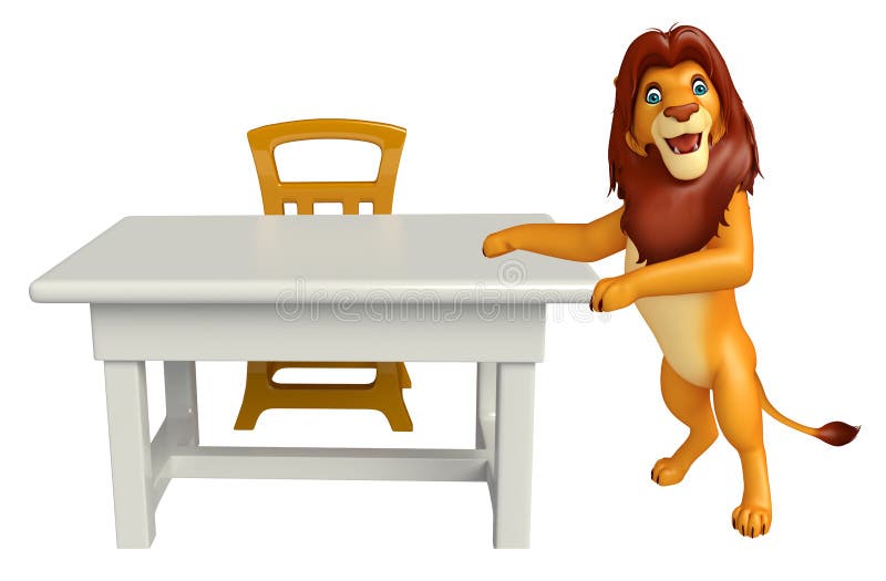 Lion Cartoon Character with Table and Chair Stock Illustration ...