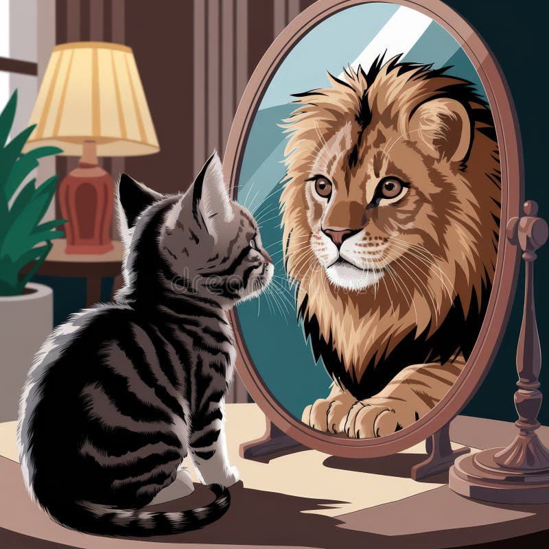 Lion and Cat in Front of the Mirror. Motivation Stock Illustration ...