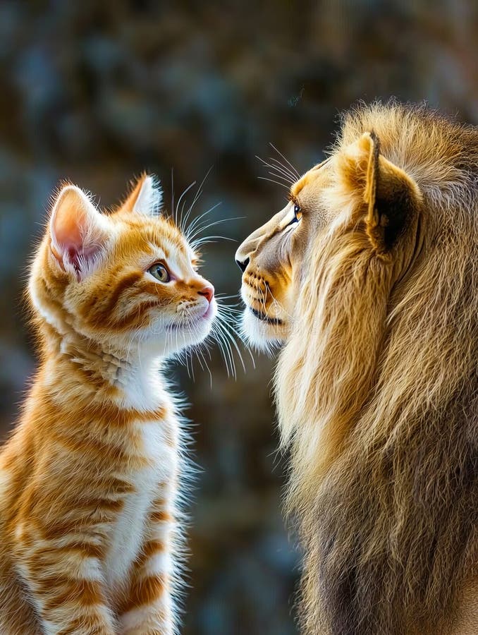 A Lion and a Cat are Looking at Each Other Stock Photo - Image of nose ...