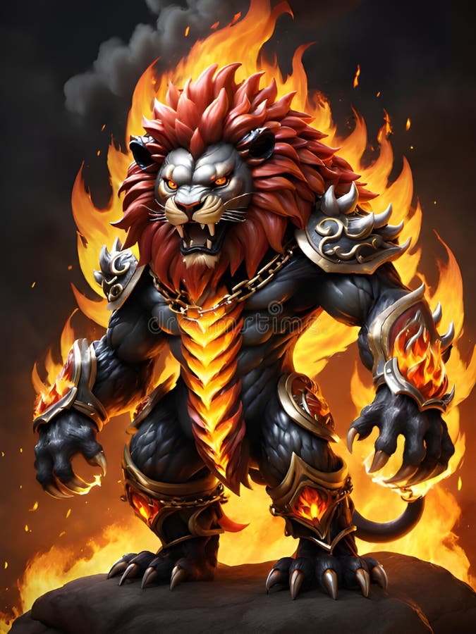 A Lion with a Chain Around Its Neck and a Fire on Its Chest Stock ...