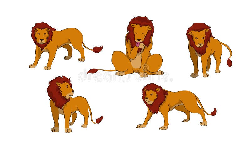 Lion Character Set in 5 Action Stock Vector - Illustration of african ...