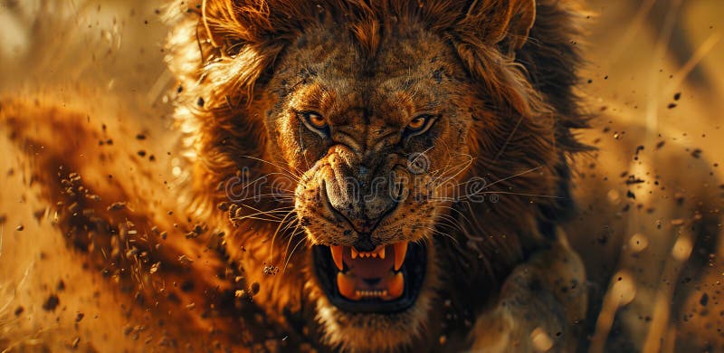 Lion Charging Forward with Raw Power, Dust Kicking Up Around Its ...