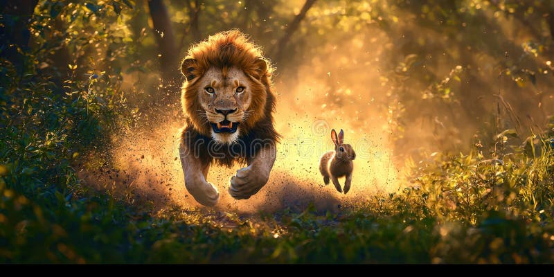 A Lion is Chasing a Rabbit through the Woods Stock Image - Image of ...