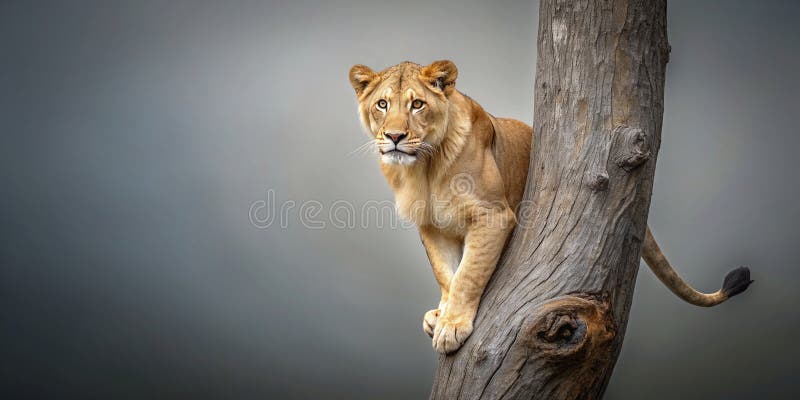 Lion Climbing a Tree on a Gray Background Creative AI Stock ...