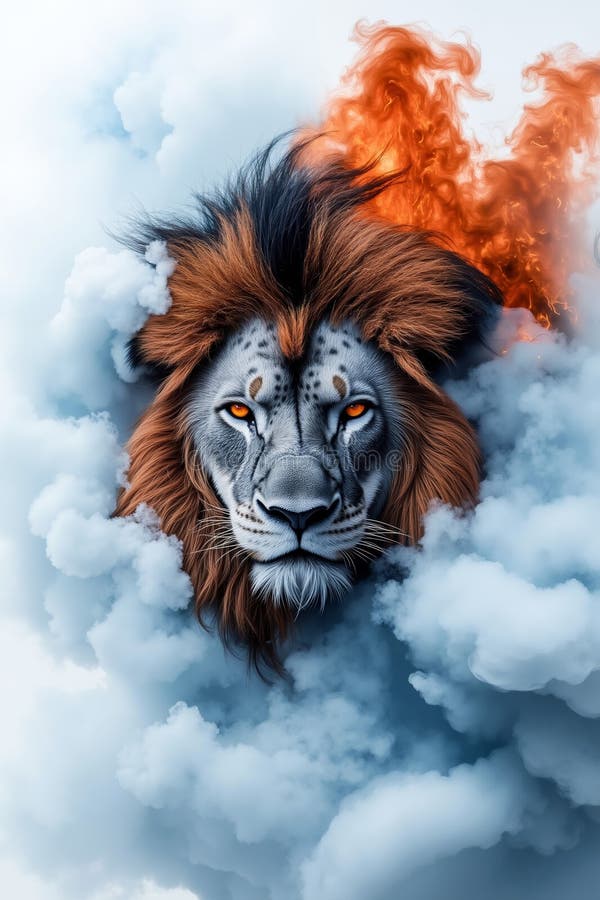 A Lion in the Clouds with Fire Coming Out of Its Mouth Stock Illustration - Illustration of ...
