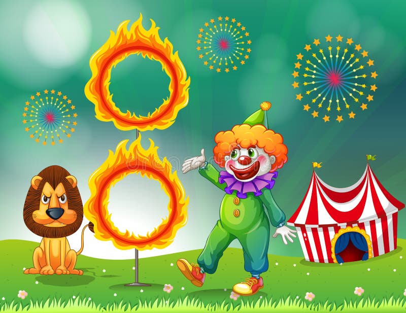 A Lion and a Clown with a Ring of Fire Stock Illustration ...
