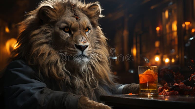 Lion with Cold Lemonade. Terrible Predator Drinking Mojito and Iced Tea ...