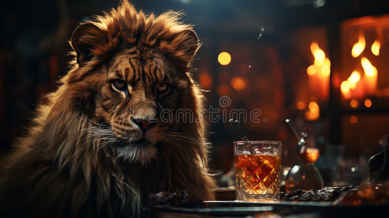 Lion with Cold Lemonade. Terrible Predator Drinking Mojito and Iced Tea ...