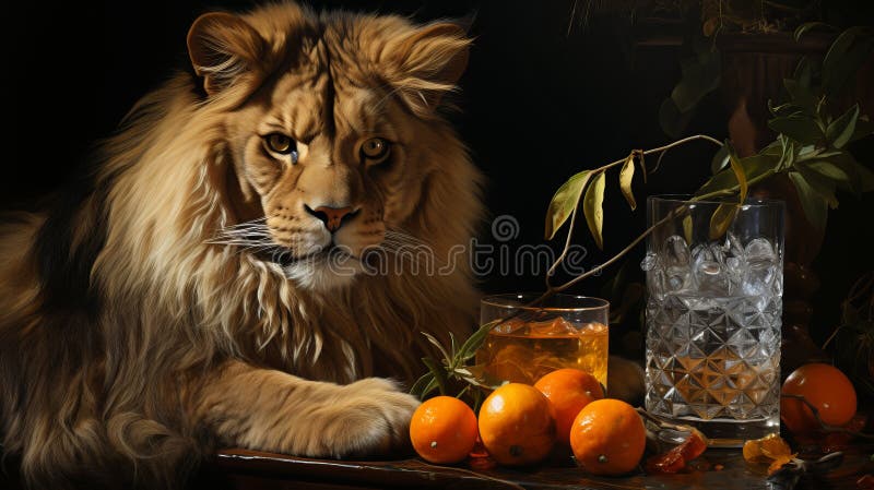 Lion with Cold Lemonade. Terrible Predator Drinking Mojito and Iced Tea ...
