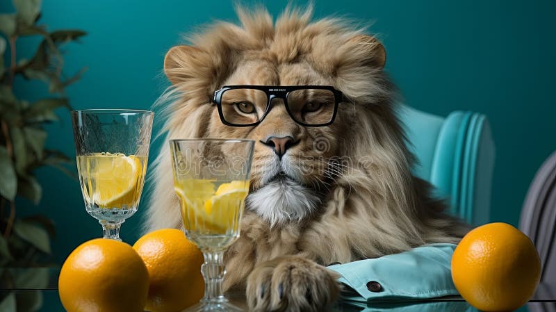 Lion with Cold Lemonade. Terrible Predator Drinking Mojito and Iced Tea ...