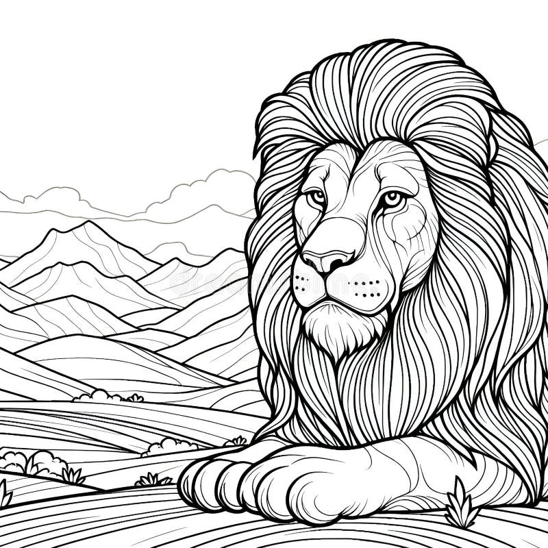 Lion Coloring Book Page, Outline, Line Art Stock Illustration ...