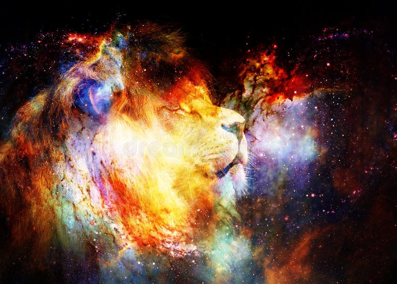 Lion King in Cosmic Space. Lion on Cosmic Background. Stock Photo ...