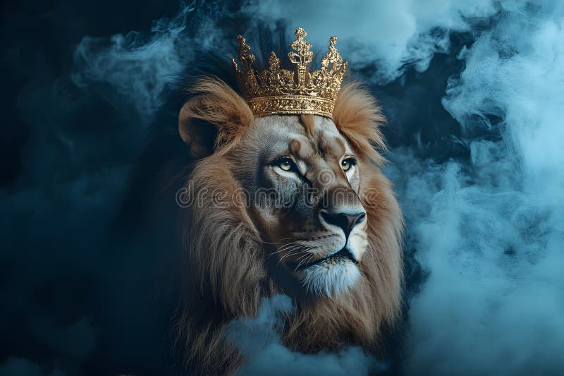 An Elegant Lion with a Crown with a Dramatic Background Stock ...