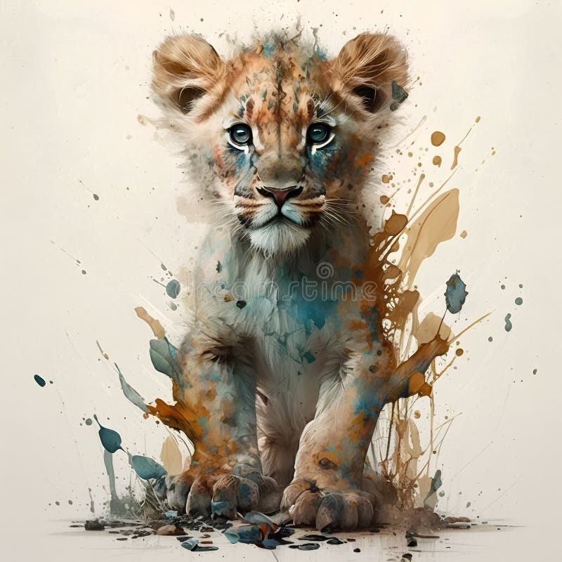 Lion Cub with Colorful Splashes on White Background, Digital Painting ...