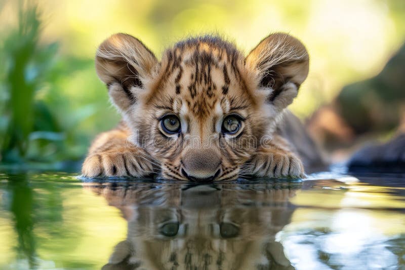 Lion Cub Drinking Water and Reflecting in the Pond Stock Image - Image ...