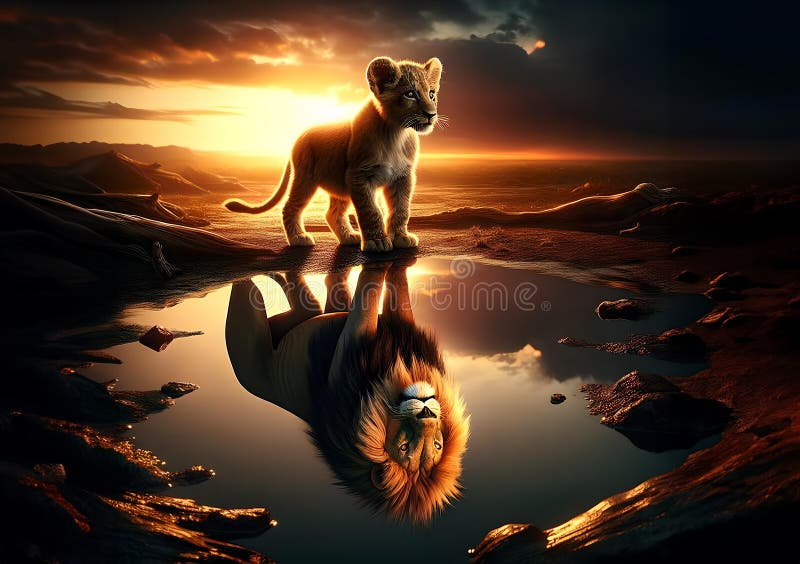 Lion Cub Looking at His Own Reflection Stock Illustration ...