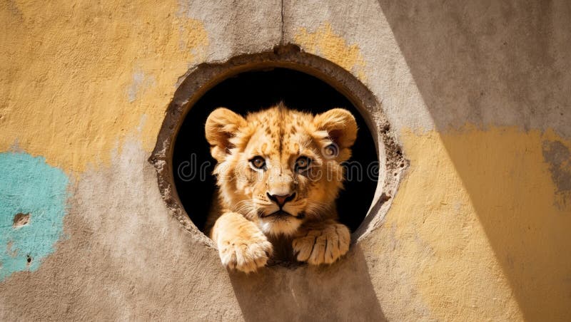 Lion Cub Peering through a Brightly Colored Hole in a Wall during a ...