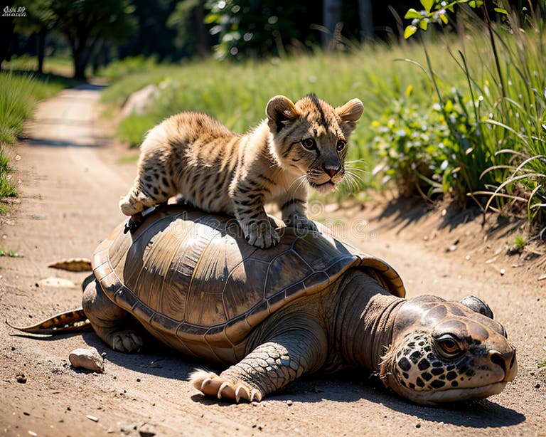 Lion cub rides a turtle stock illustration. Illustration of turtle ...