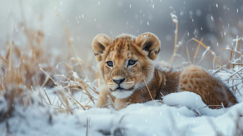 A Lion Cub in Snow Landscape, Cute and Adorable Stock Illustration ...