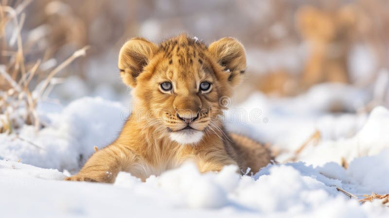 A Lion Cub in Snow Landscape, Cute and Adorable Stock Illustration ...