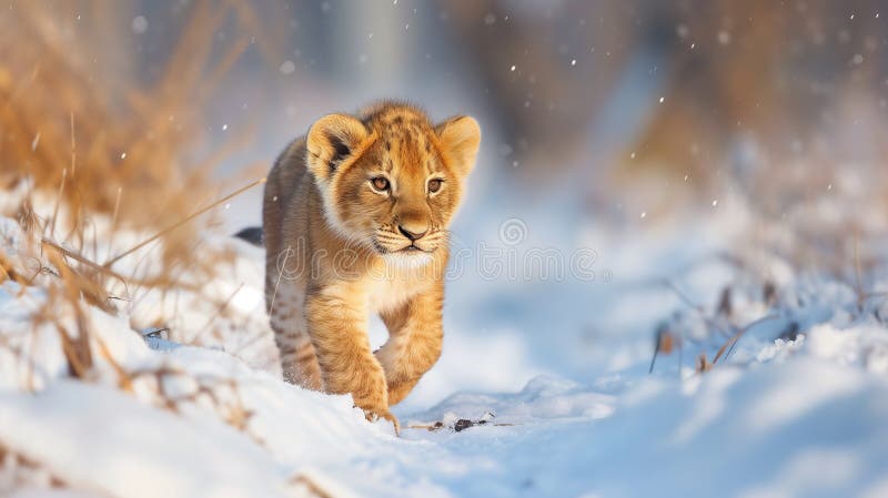 A Lion Cub in Snow Landscape, Cute and Adorable Stock Illustration ...