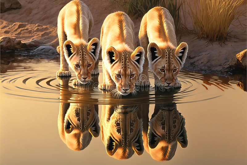 3 Lion Cubs Drinking from Water Hole. Nice Reflection of the 3 in the ...