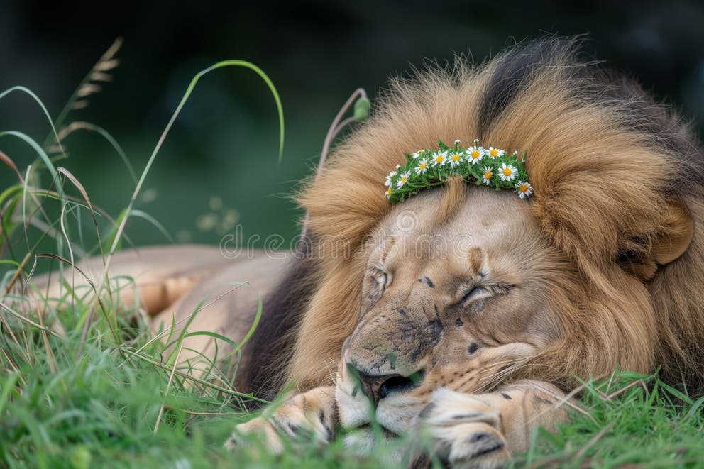 Lion with a Daisy Chain Crown Napping in Grass Stock Image - Image of ...