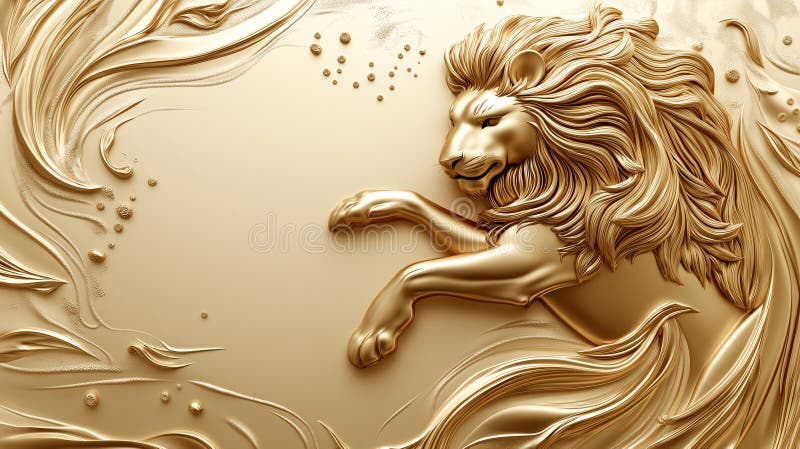 A Lion is Depicted in a Gold Frame with a Wave Pattern Stock ...
