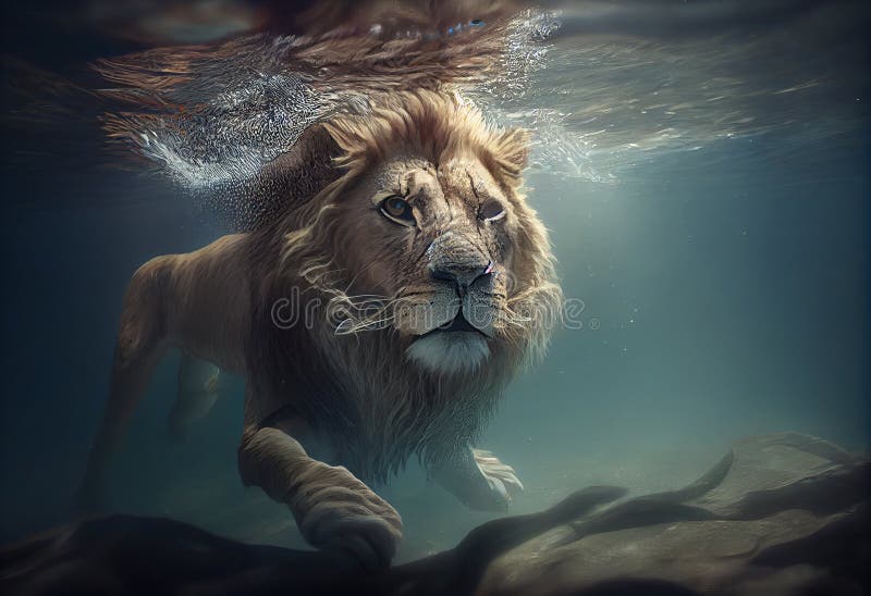 The Lion Dived Underwater and Swam Stock Image - Image of grace, wild ...