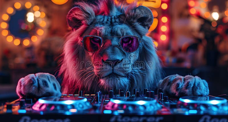 Lion DJ in Neon Lights stock illustration. Illustration of sound - 327717861