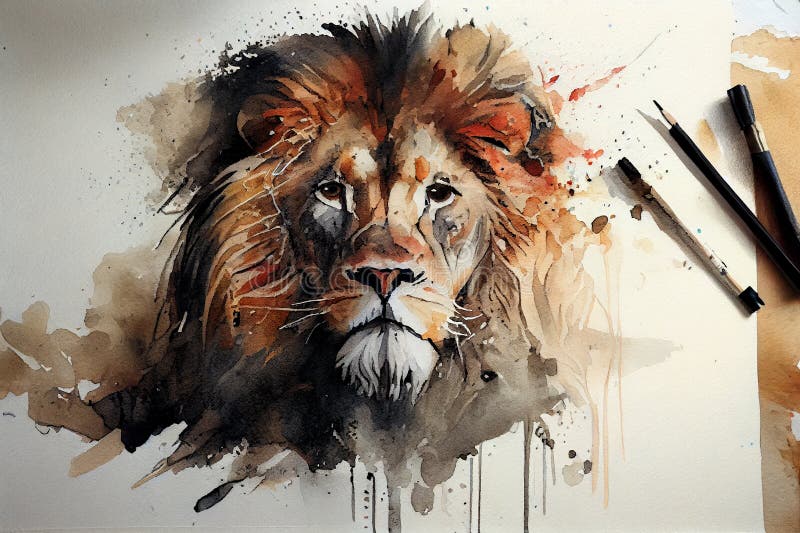 Lion Drawing with Bit of Watercolour Stock Illustration - Illustration ...