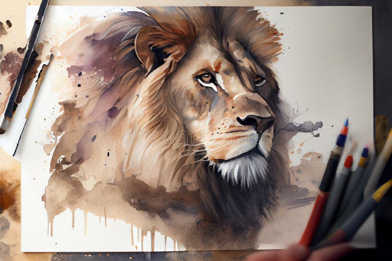 Lion Drawing with Bit of Watercolour Stock Illustration - Illustration ...