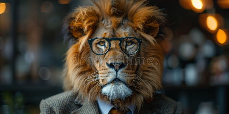 Lion with Glasses in Suit at Library Stock Photo - Image of glasses ...