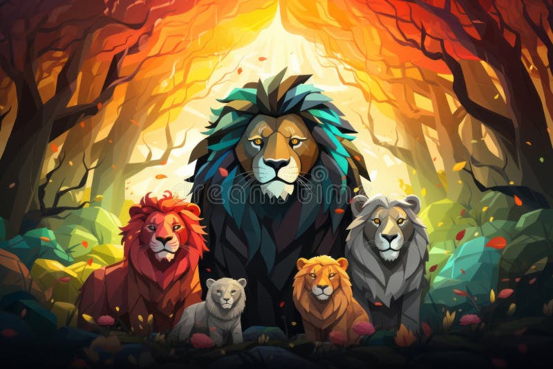 Lion Family in the Forest with Trees and Leaves Stock Illustration ...