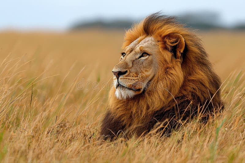 Lion in a Field Symbolizing Resilience and Strength in Nature Stock ...