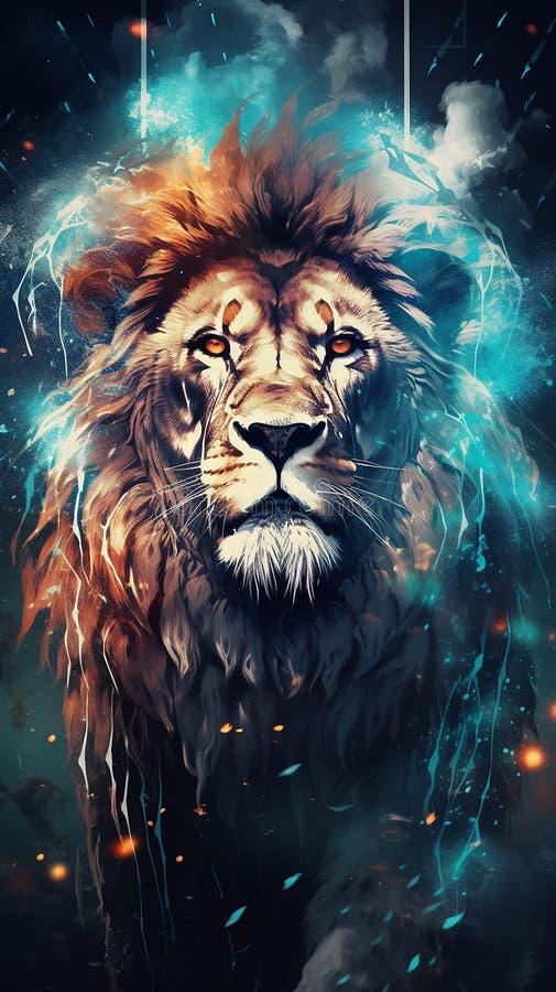 Lion with Fire Effect and Smoke on the Background. Digital Painting ...