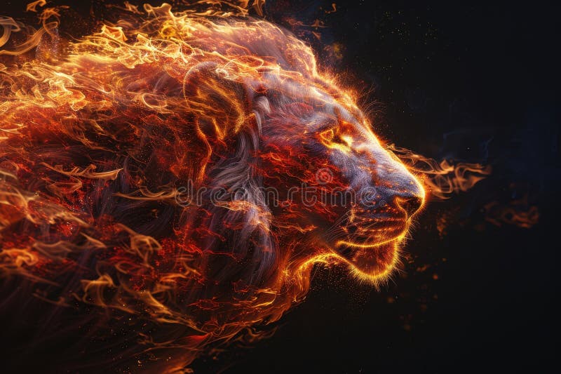 A Lion with Fire in Its Face on Dark Background Stock Photo - Image of ...