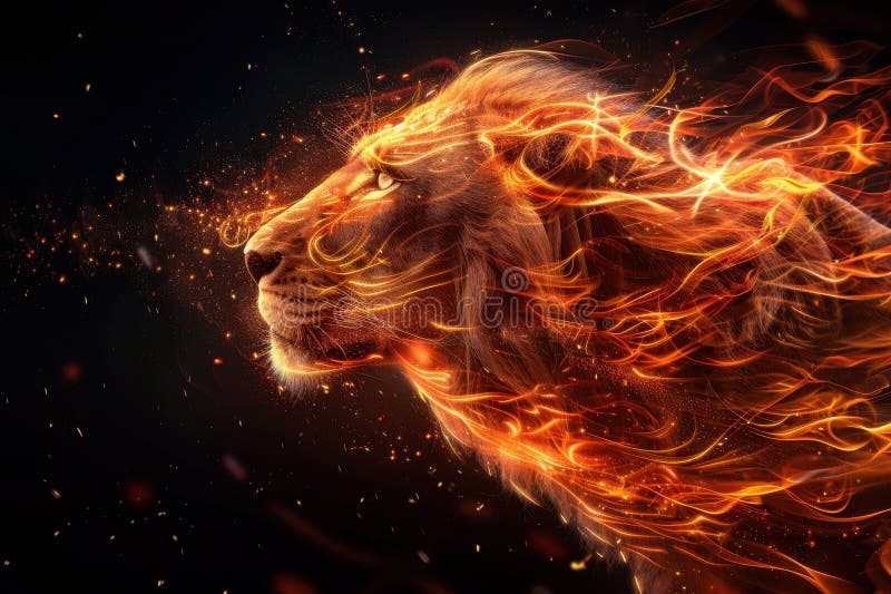 A Lion with Fire in Its Face on Dark Background Stock Photo - Image of ...