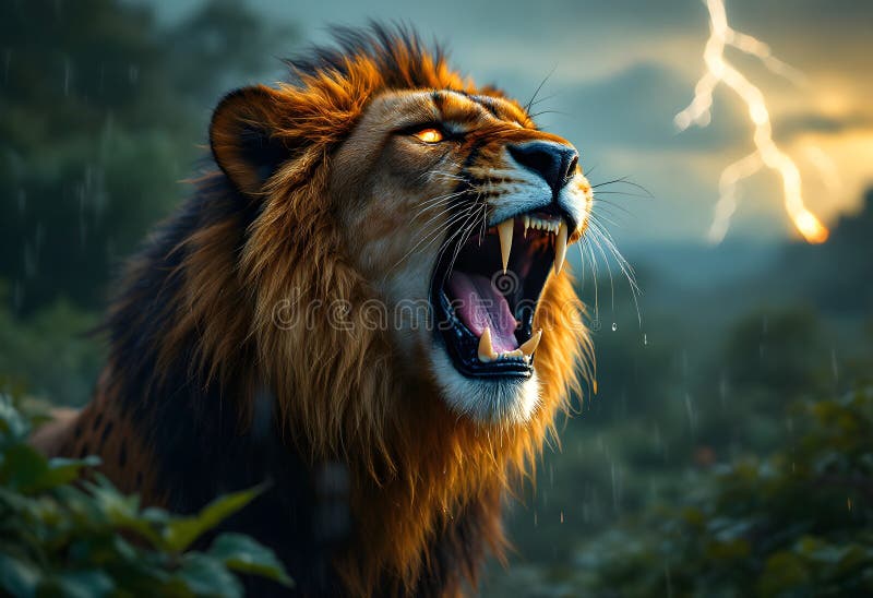 Majestic Lion Roaring during a Storm Stock Illustration - Illustration ...