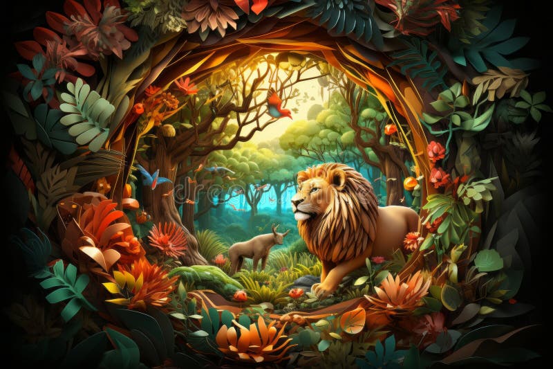 A Lion in the Forest Surrounded by Plants and Animals Stock ...