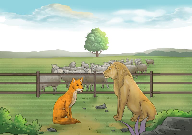 Lion and Fox Talking in Front of a Flock of Sheep Illustration Stock ...