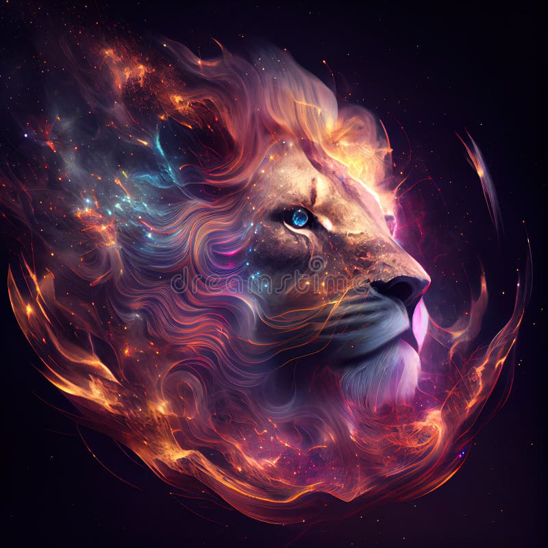 Lion from Galaxies Spirals Space Nebula Stars Smoke. AI Render Stock ...