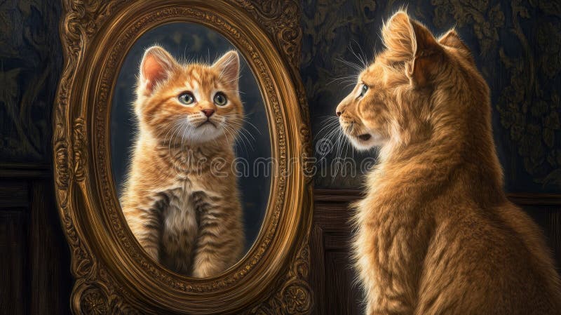 A Lion Gazes at Its Reflection in the Mirror and Sees a Kitten ...